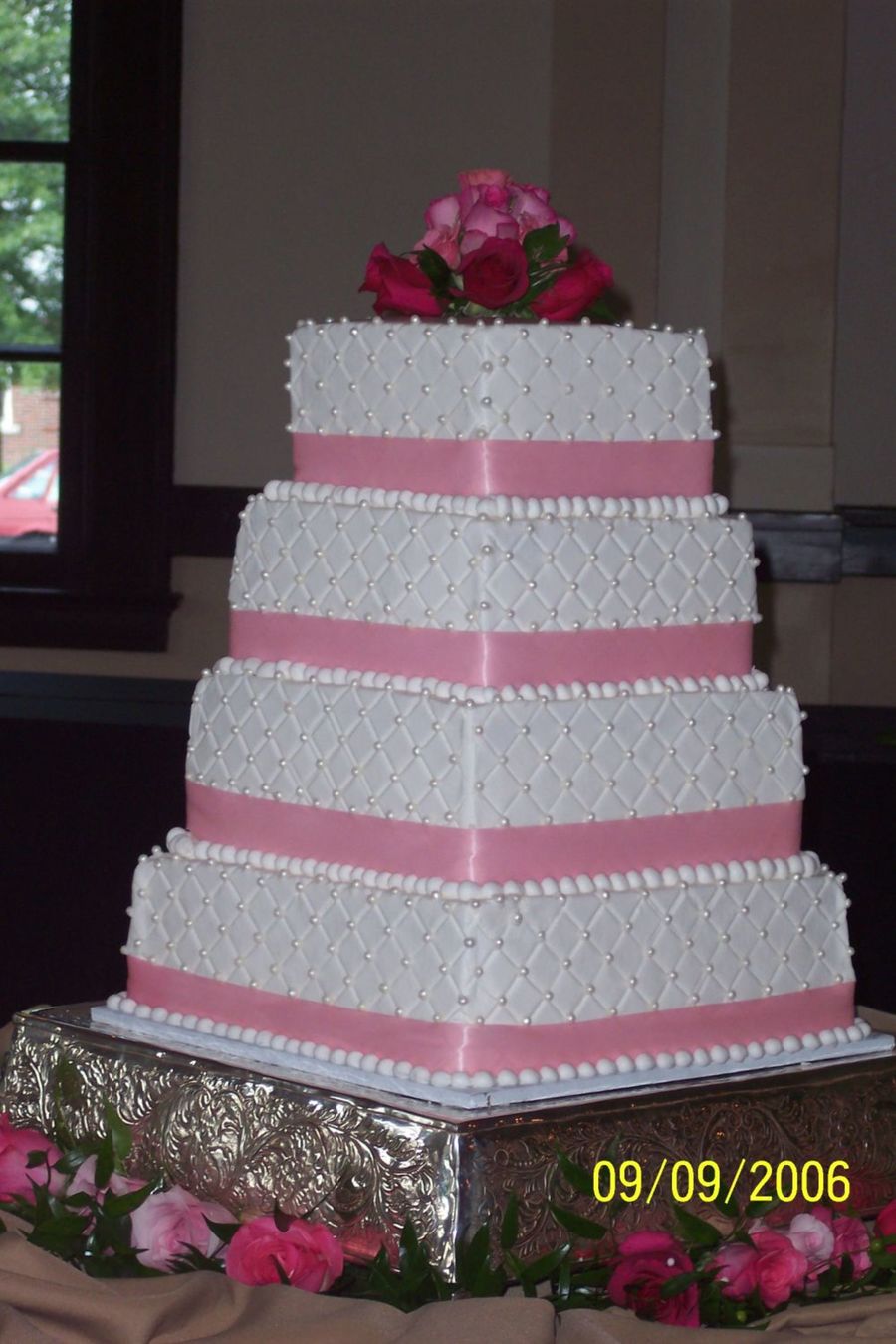 Stacked Square Pink Ribbons And Pearls - CakeCentral.com