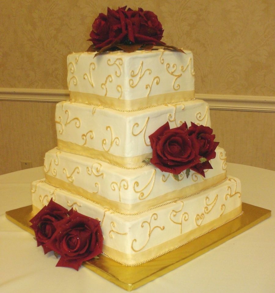 Wedding Cake 4 Tier Squares With Gold Scrollwork - CakeCentral.com