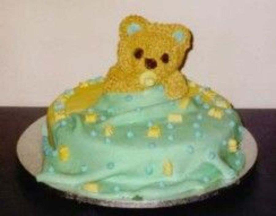3-D Teddy Baby Bear Holding Blankie With A Pacifier Baby Shower Cake - CakeCentral.com
