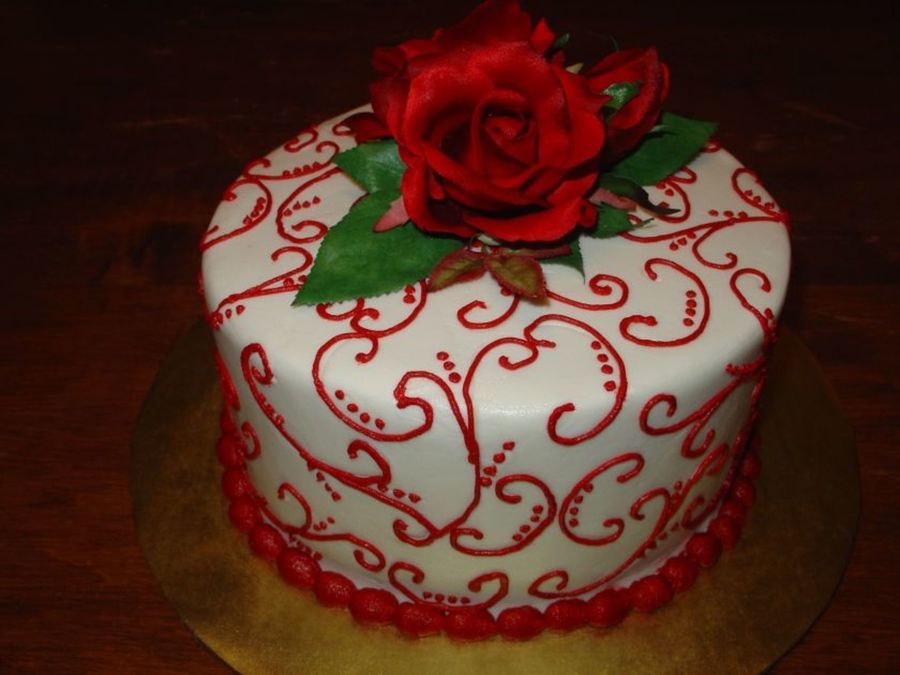 Red Scrolls With Roses - CakeCentral.com