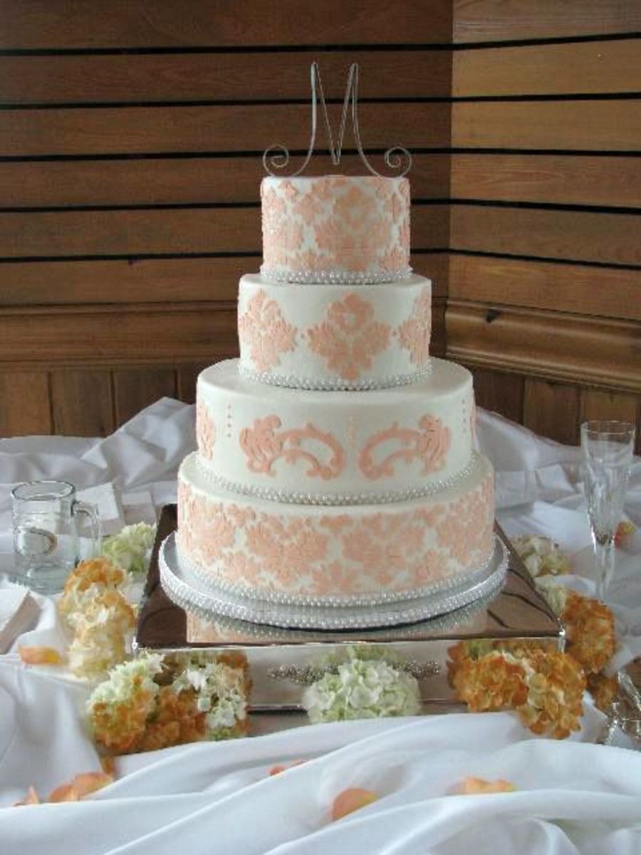 Peach Damask Wedding Cake - CakeCentral.com