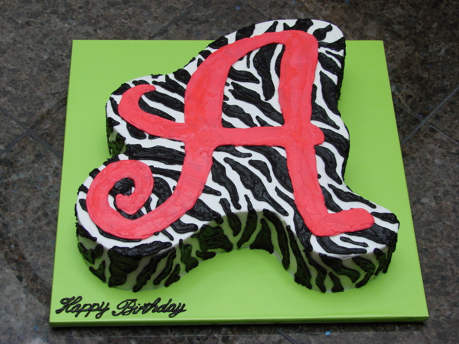 Monogram "a" Birthday Cake On Zebra Print - CakeCentral.com
