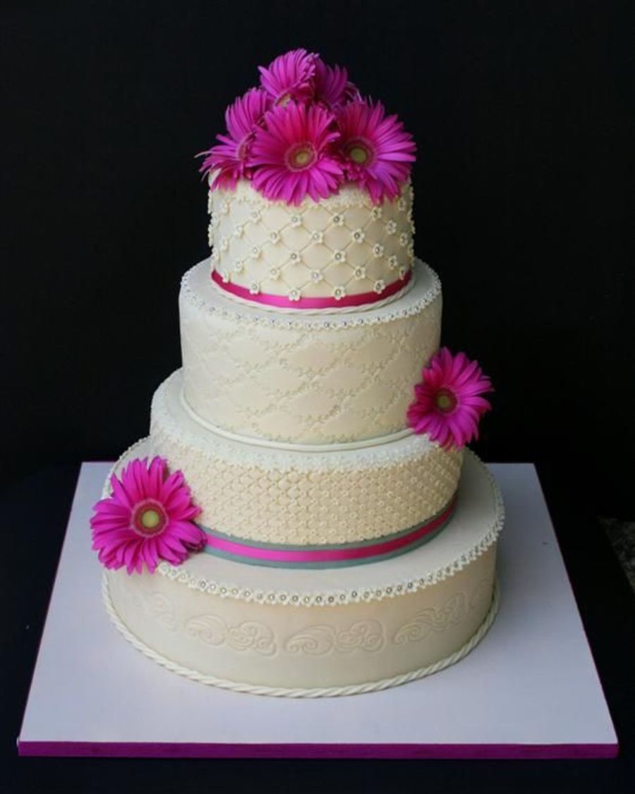 Fuschia Pink Gerbera Wedding Cake - CakeCentral.com