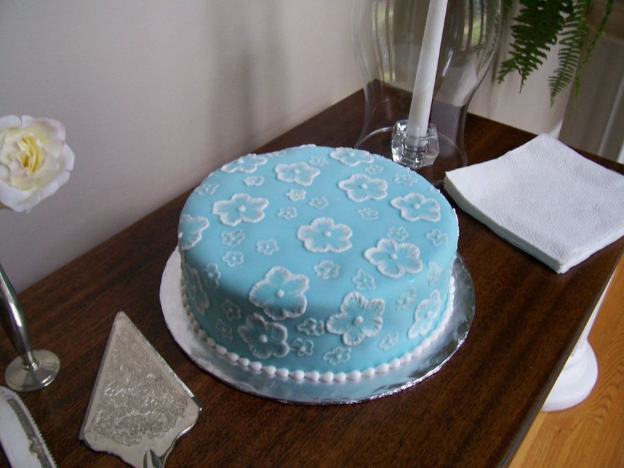 Blue Fondant Cake With Brush Embroidery - CakeCentral.com