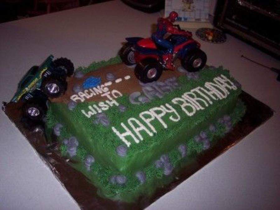 Side View Of Spiderman And Monster Truck Off Road Cake - CakeCentral.com