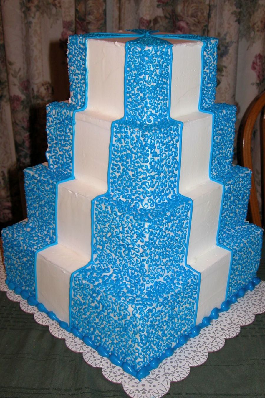 Blue Scroll Wedding Cake - CakeCentral.com