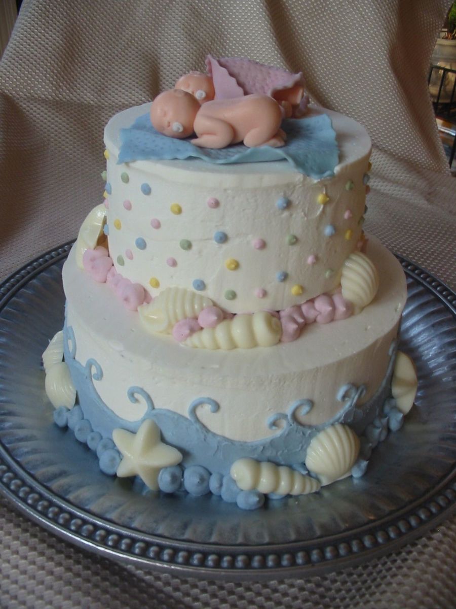 Twin Baby Shower Cake With Shells And Dots - CakeCentral.com