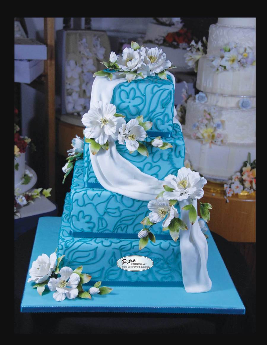 Peony On Turqoise Wedding Cake - CakeCentral.com