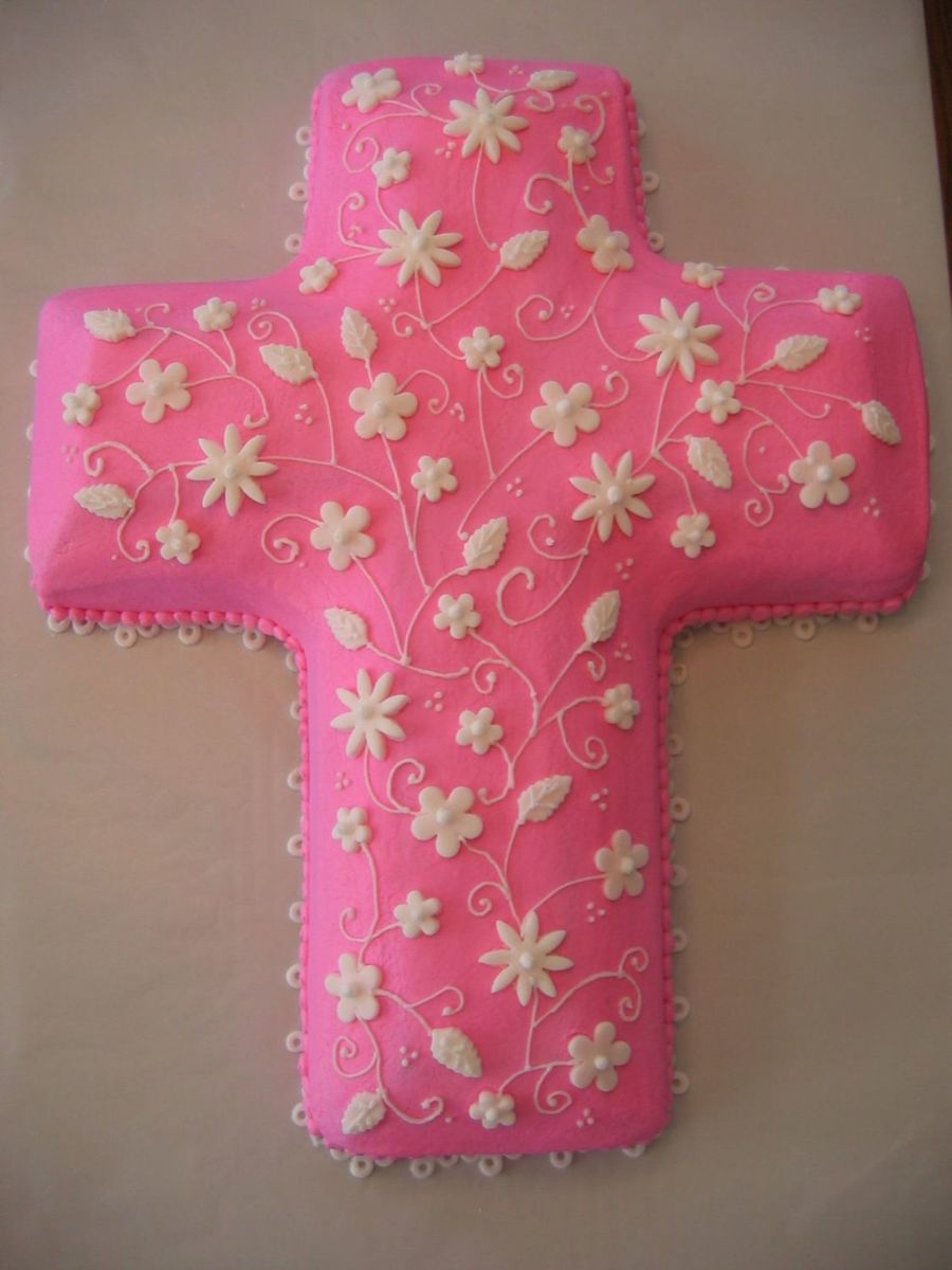 Pink Cross Communion Cake W/fondant Cutouts - CakeCentral.com