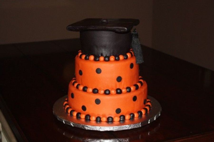 Burnt Orange And Black Graduation Hat Tiered Cake - CakeCentral.com