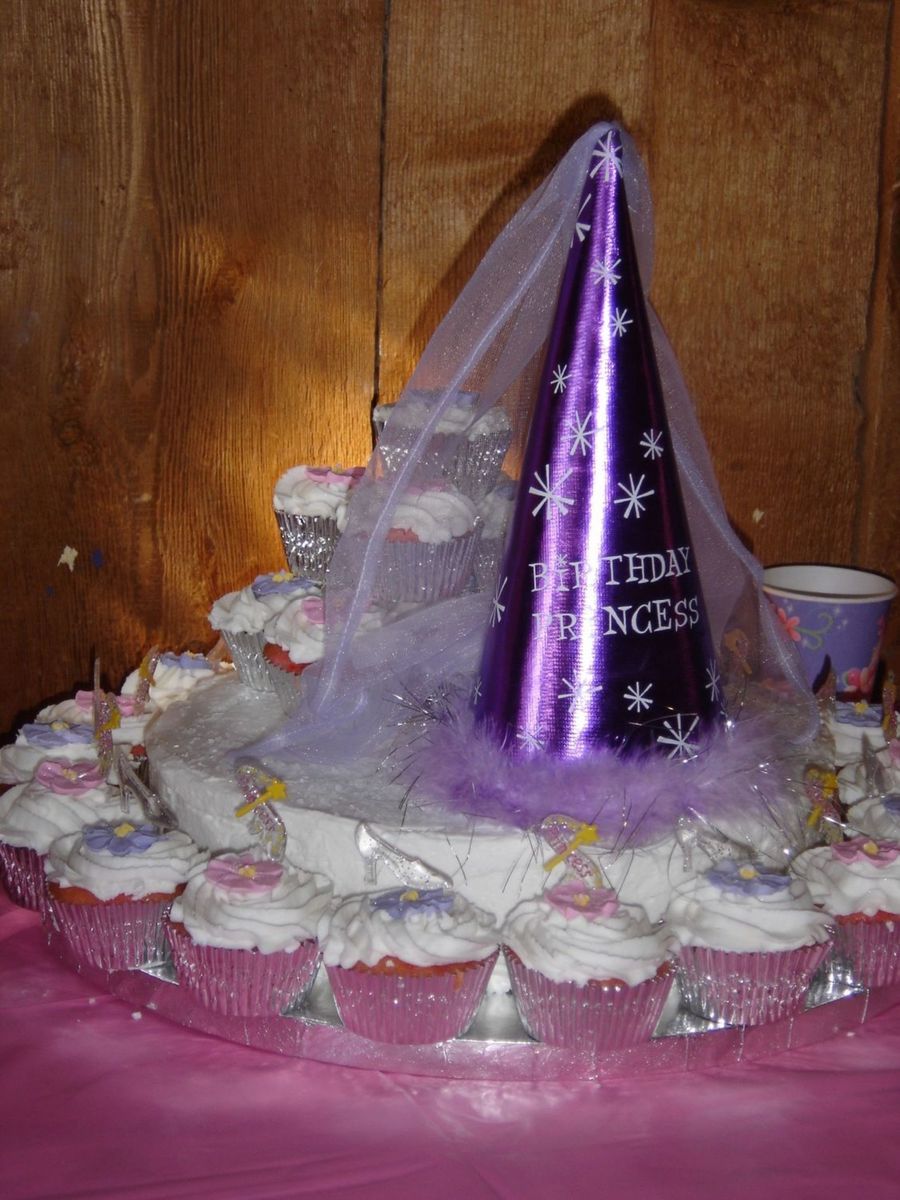 Princess Tower Birthday Cake With Cup Cakes And Princess Hat ...