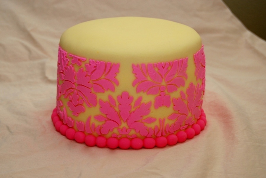 Pink And Yellow Damask - CakeCentral.com