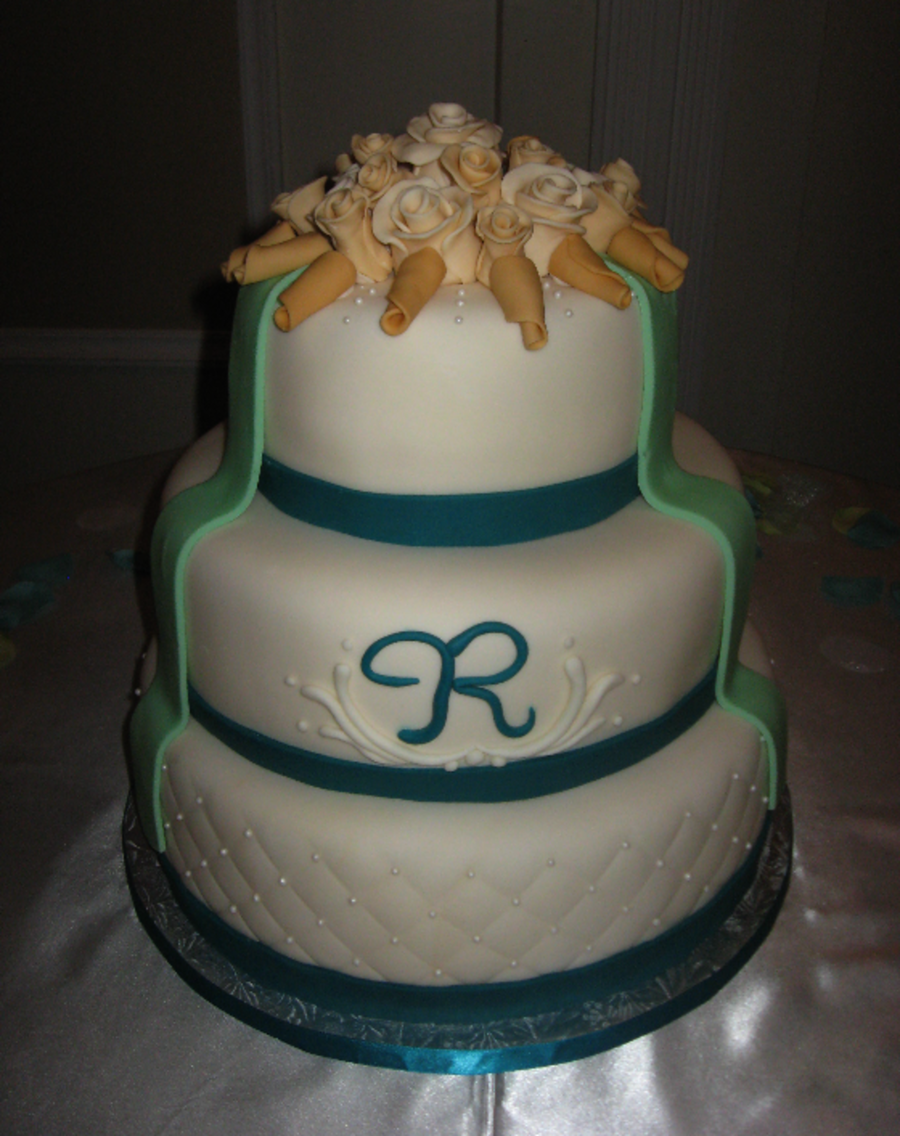 Teal And Ivory Wedding Cake - CakeCentral.com