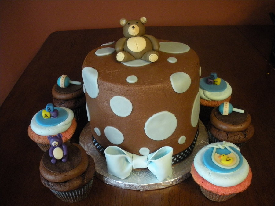 Sweet Blue Bear Baby Shower Cake And Cupcakes - CakeCentral.com