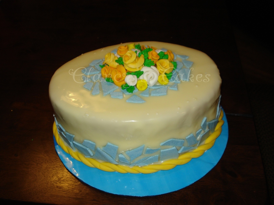 Yellow Roses, Blue Mosaic - CakeCentral.com