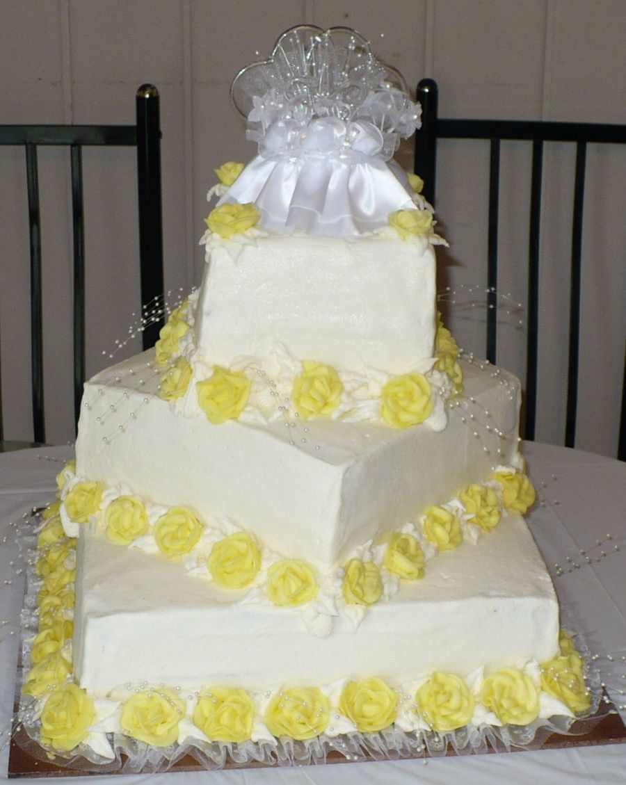 Square Wedding Cake With Yellow Roses - CakeCentral.com