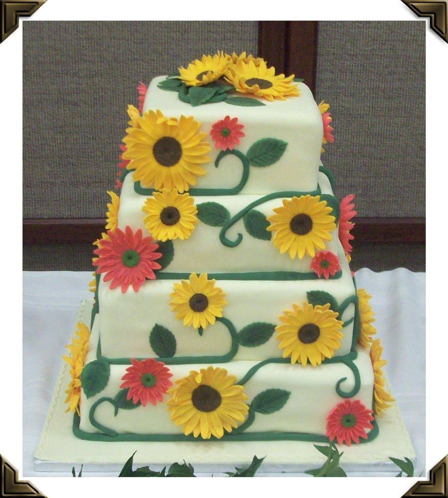 Sunflower And Gerber Daisy Wedding Cake - CakeCentral.com