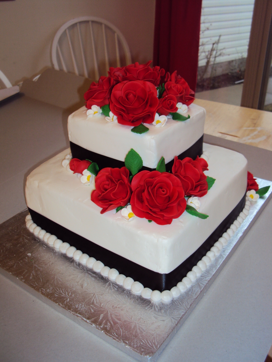 Black And White Wedding Cake With Red Roses - CakeCentral.com