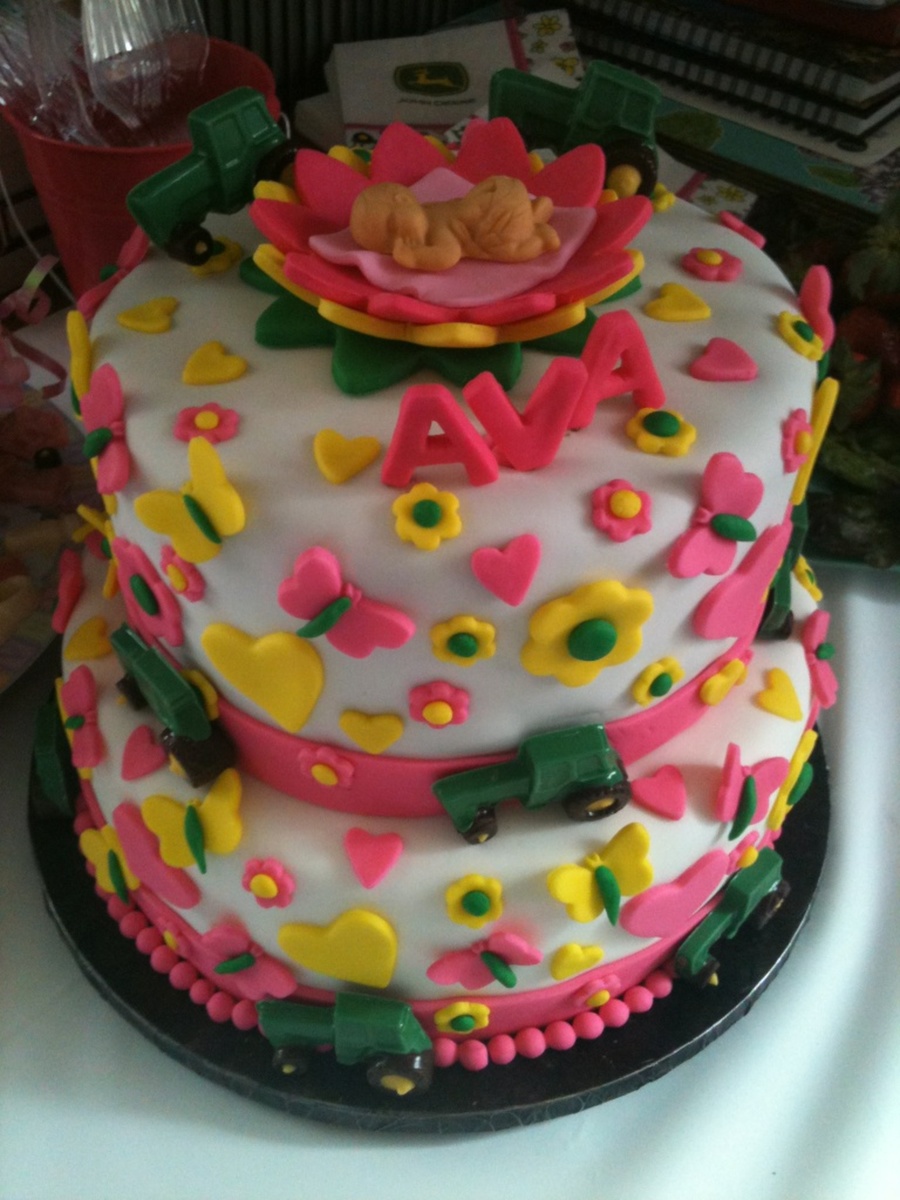 Baby Girl Shower Cake With John Deere Tractors - CakeCentral.com