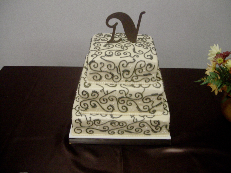 Square Wedding Cake With Scroll Work - CakeCentral.com
