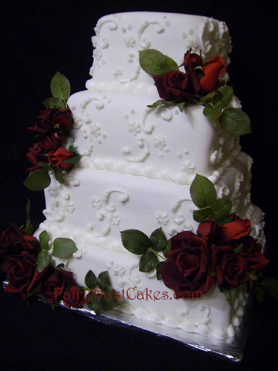 Square Wedding Cake With Scrolls And Silk Flowers - CakeCentral.com