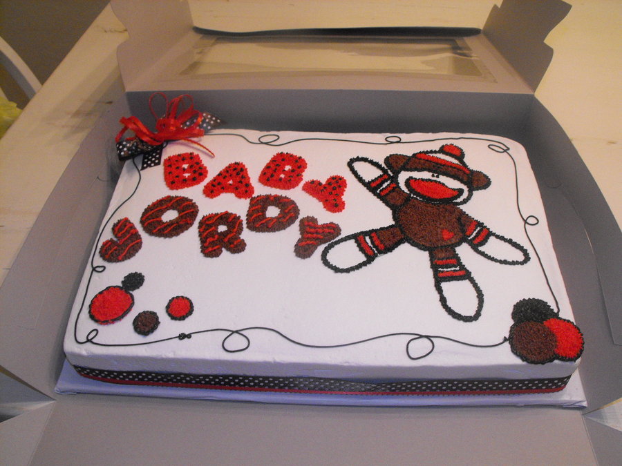 Sock Monkey Theme Baby Shower Sheet Cake - CakeCentral.com