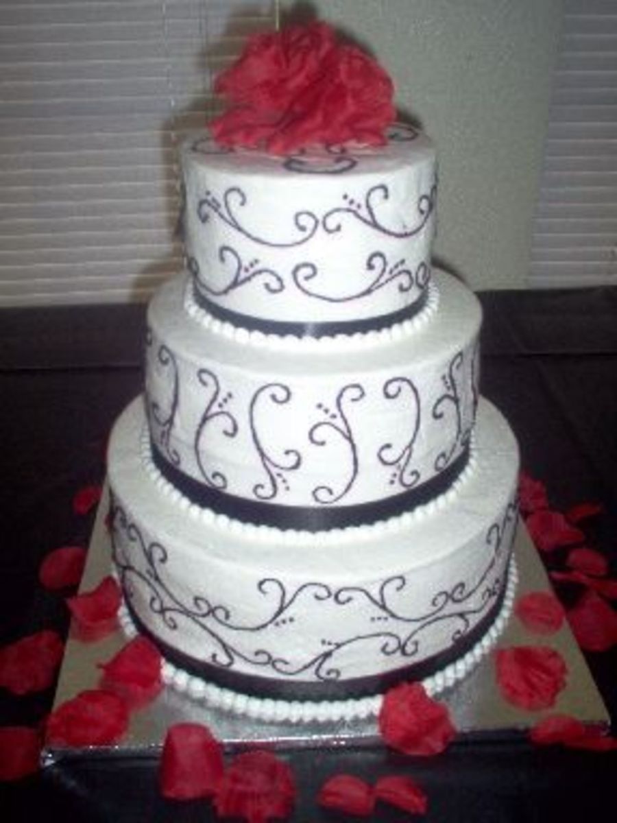 Black Scrollwork With Red Rose - CakeCentral.com