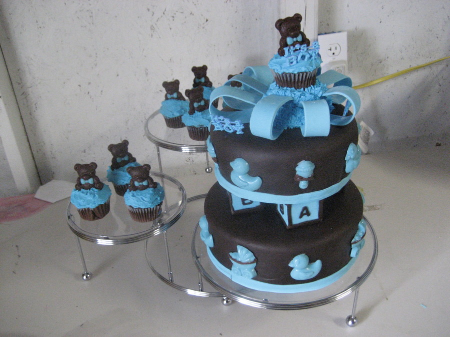 Baby Blocks Boy Shower Cake.. All Chocolate . Fondant . Rubber Ducky ..bow. Bear . Strollers ...