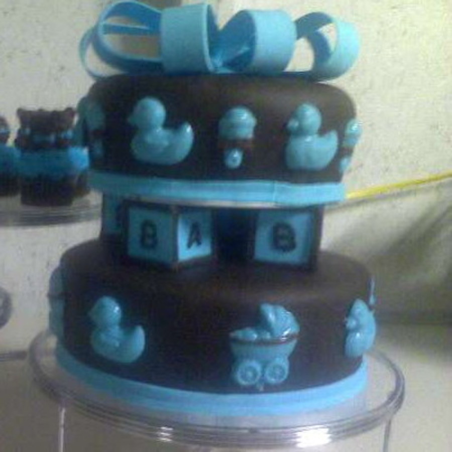 Baby Blocks Boy Shower Cake.. All Chocolate . Fondant . Rubber Ducky ..bow. Bear . Strollers ...