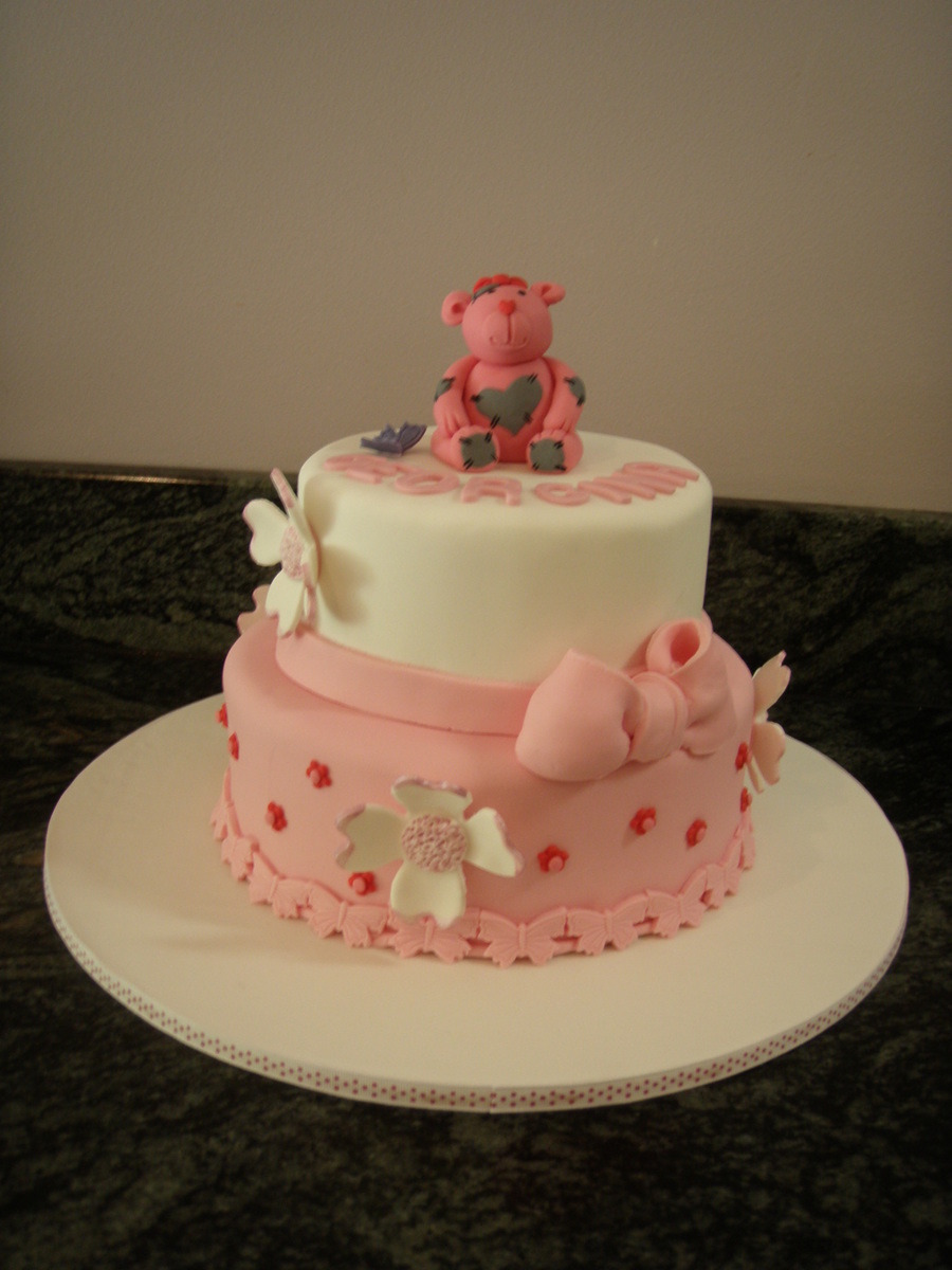 Patchwork Heart Teddy Christening Cake - CakeCentral.com