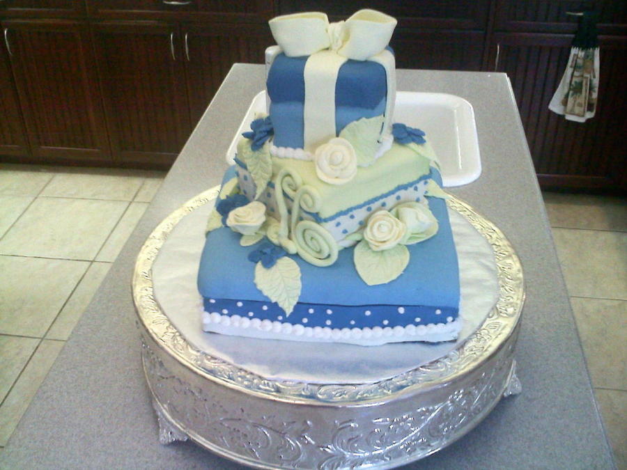 Blue And Yellow Three Tier Square Cake - CakeCentral.com