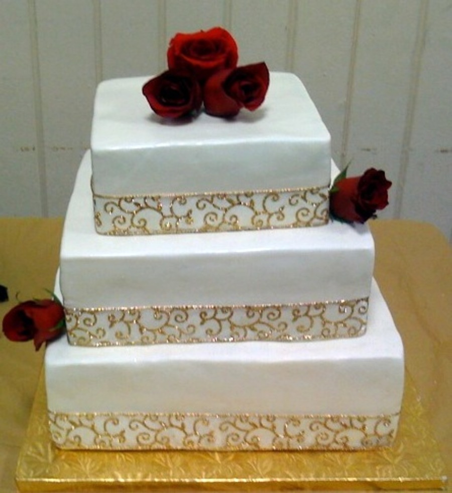 White And Gold Square Cake - CakeCentral.com