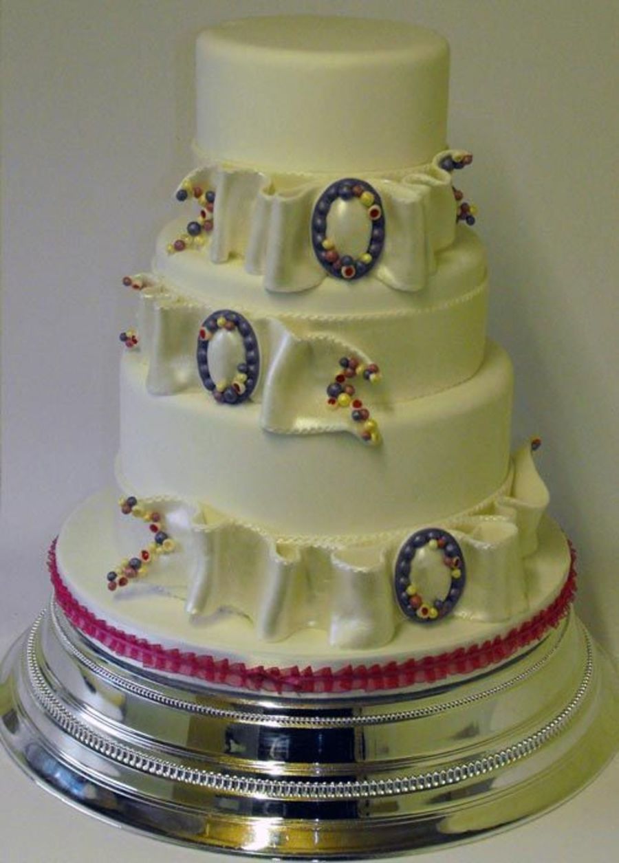 Ribbon & Jewel Wedding Cake - CakeCentral.com
