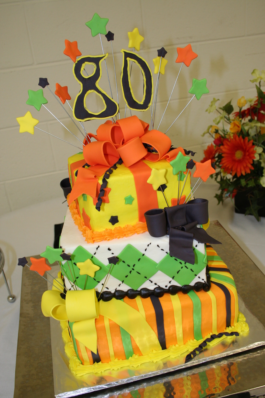 3 Tier 80Th Birthday Square Present Cake - CakeCentral.com