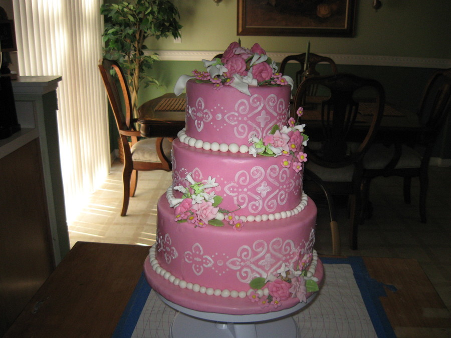 Mock Pink And White Vintage Wedding Cake - CakeCentral.com