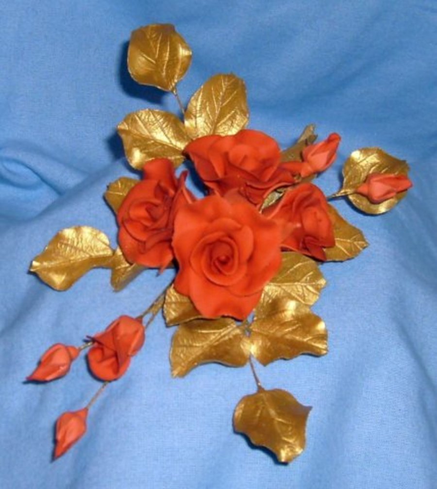 Burnt Orange Roses With Gold Leaves - CakeCentral.com