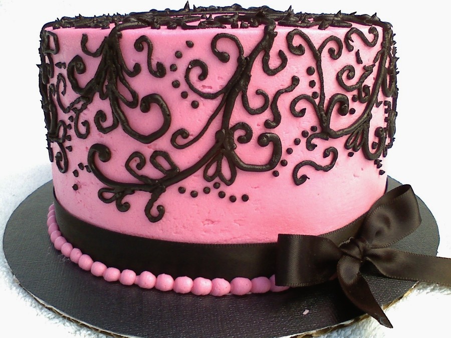 Pink Black Scroll Birthday Cake - CakeCentral.com