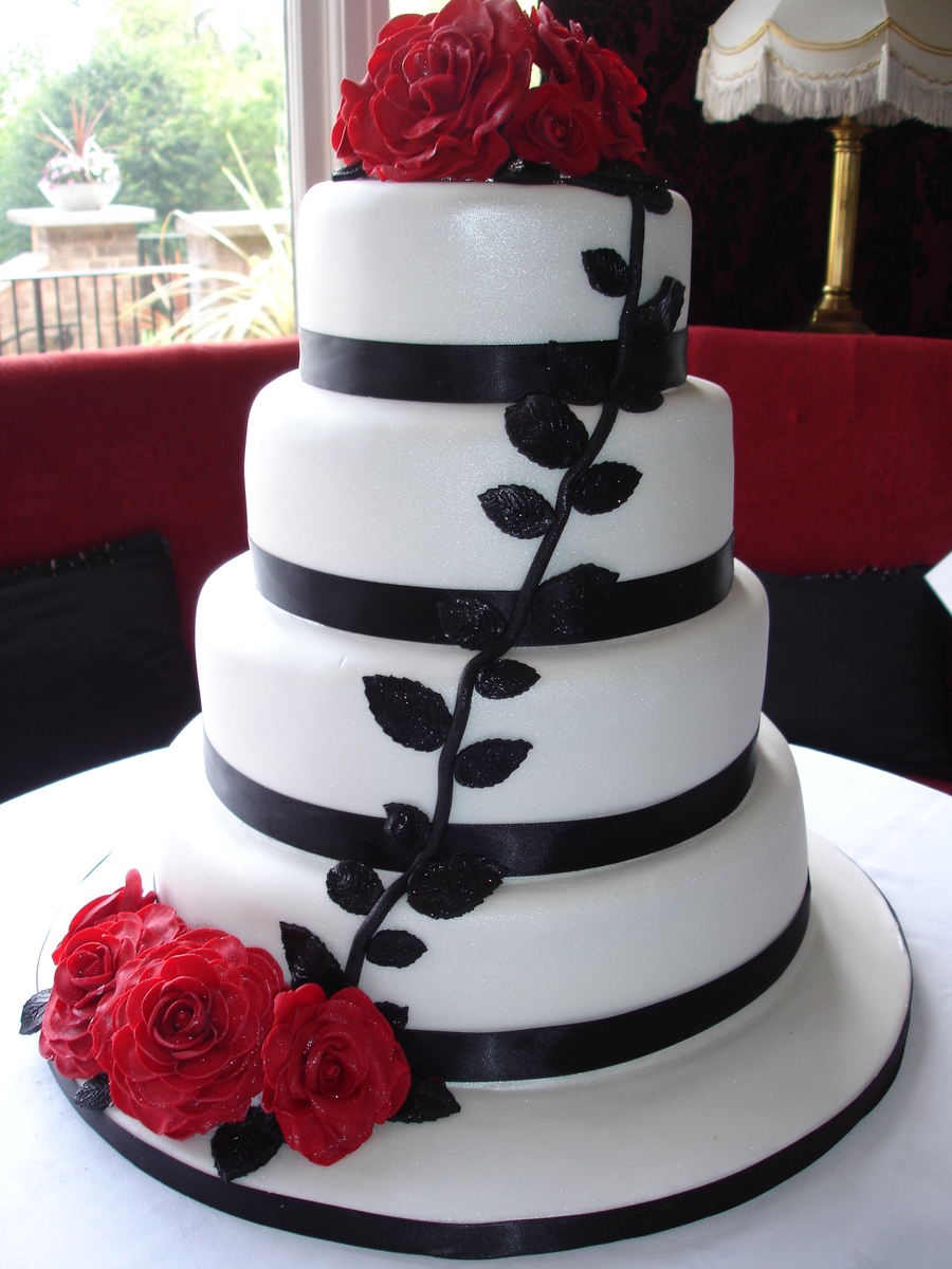 White And Black Wedding Cake With Red Roses - CakeCentral.com