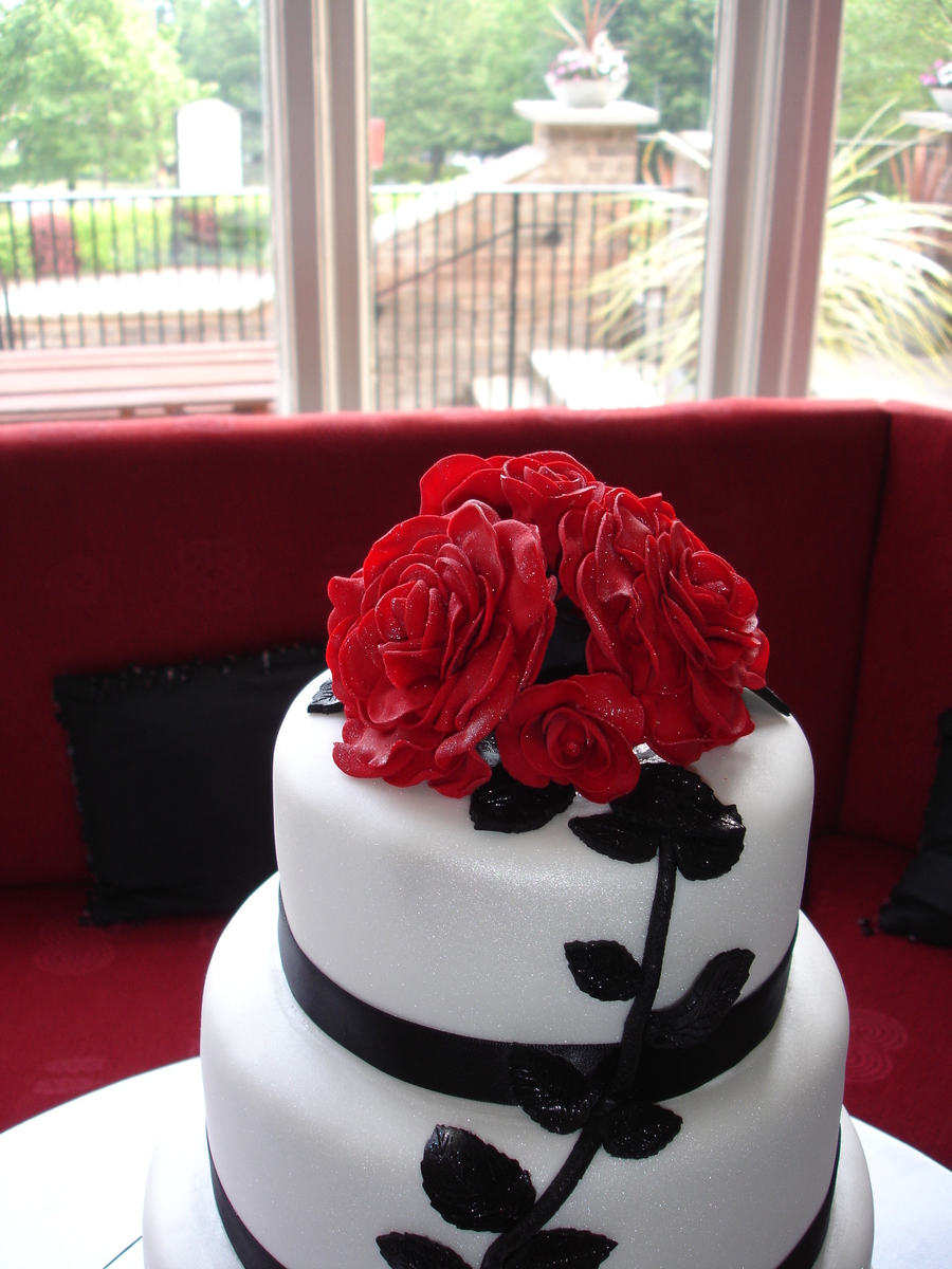 White And Black Wedding Cake With Red Roses - CakeCentral.com
