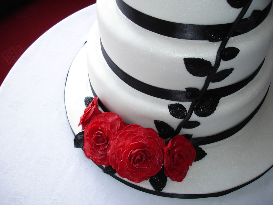 White And Black Wedding Cake With Red Roses - CakeCentral.com