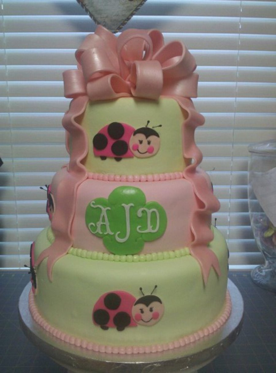 Pink And Green Ladybug With Monogram - CakeCentral.com