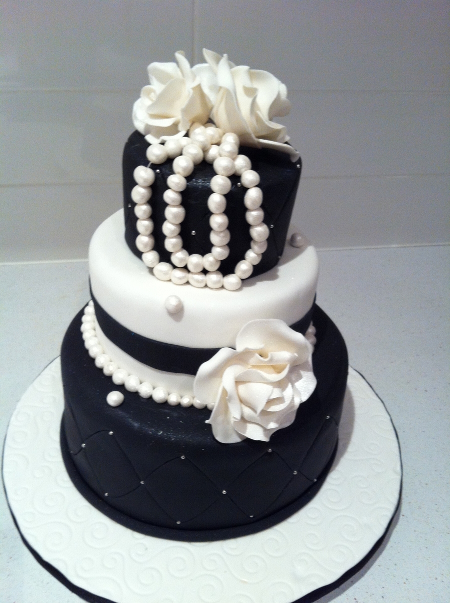 Black & White Cake With White Roses - CakeCentral.com