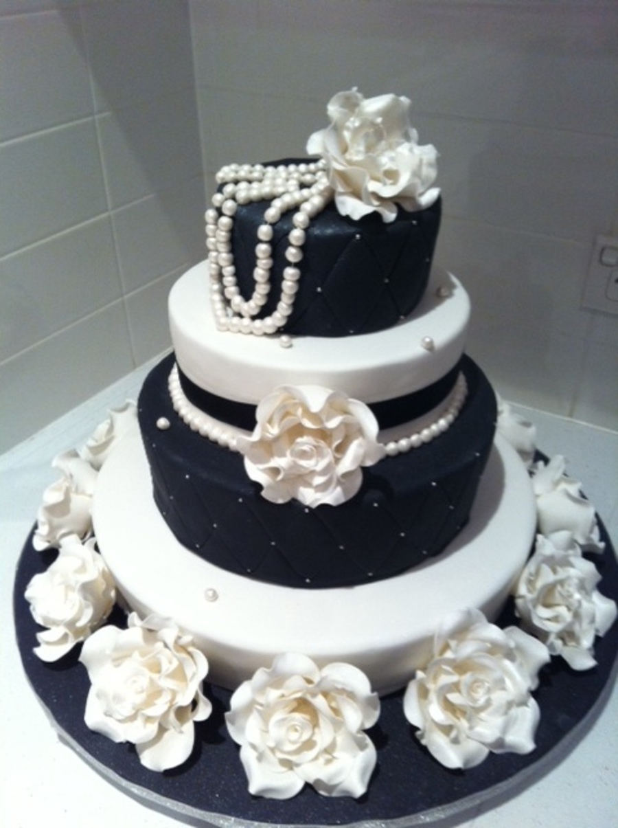 Black & White Cake With White Roses - CakeCentral.com
