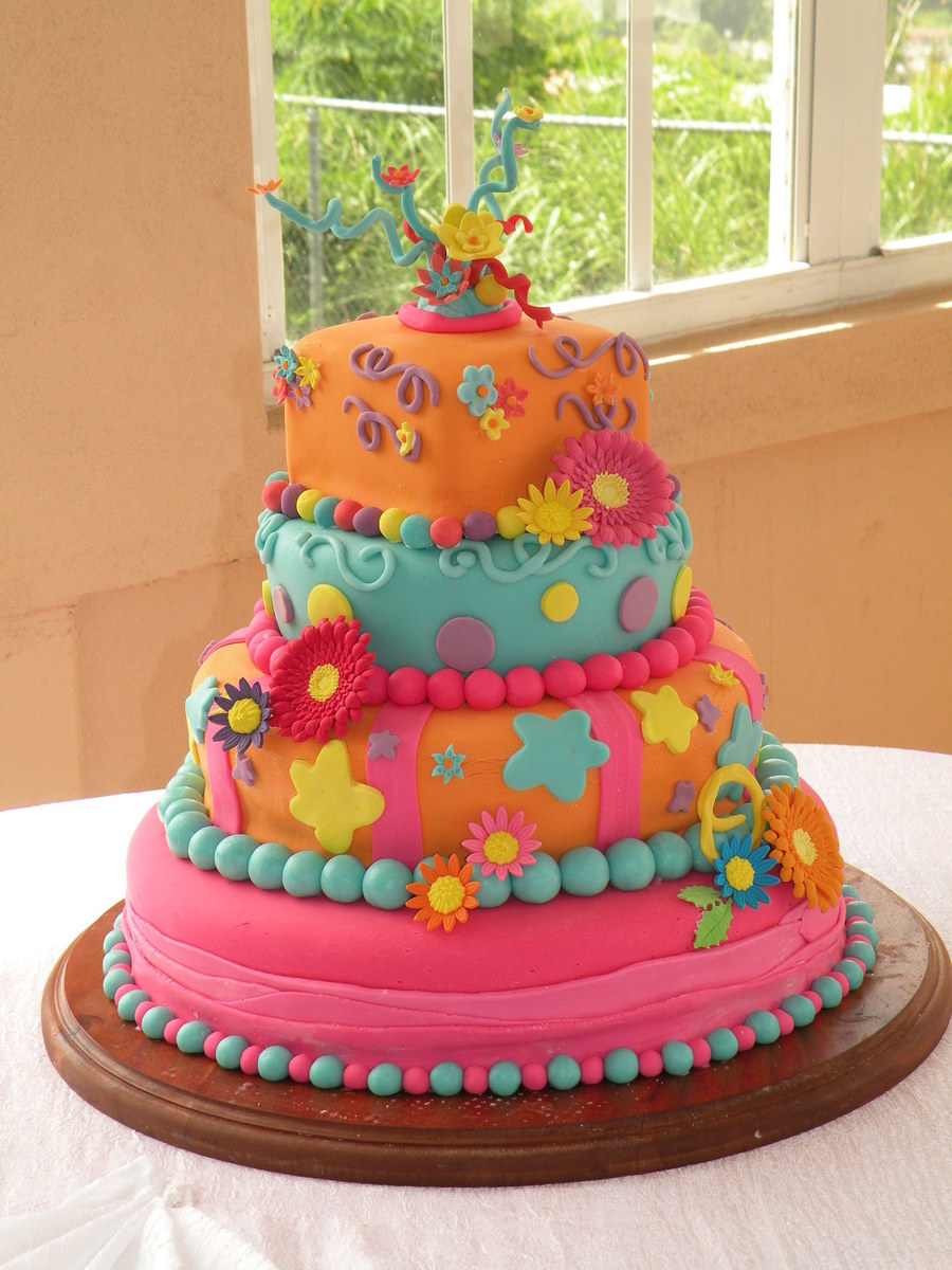 Whimsical Bridal Shower Flower Explosion Cake - CakeCentral.com