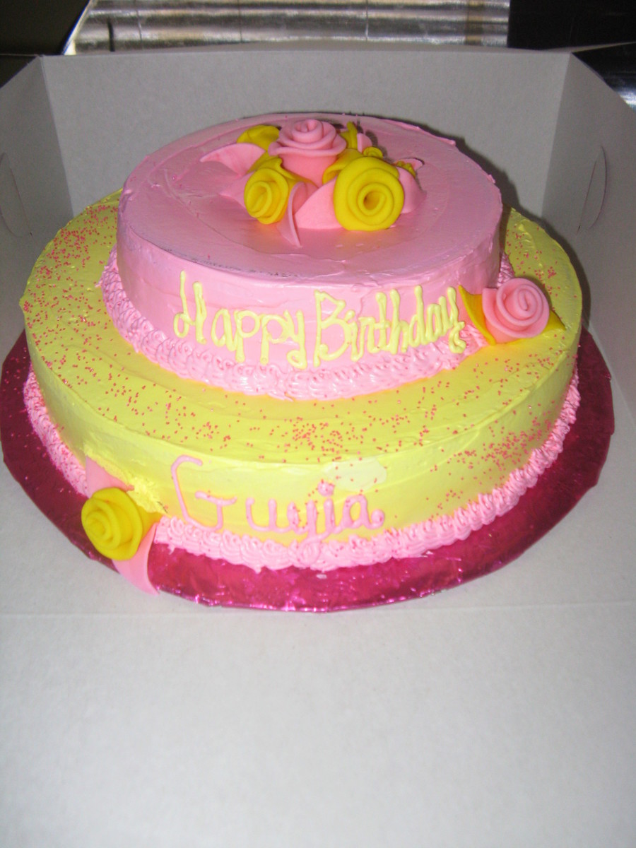 Pink And Yellow Birthday Cake - CakeCentral.com