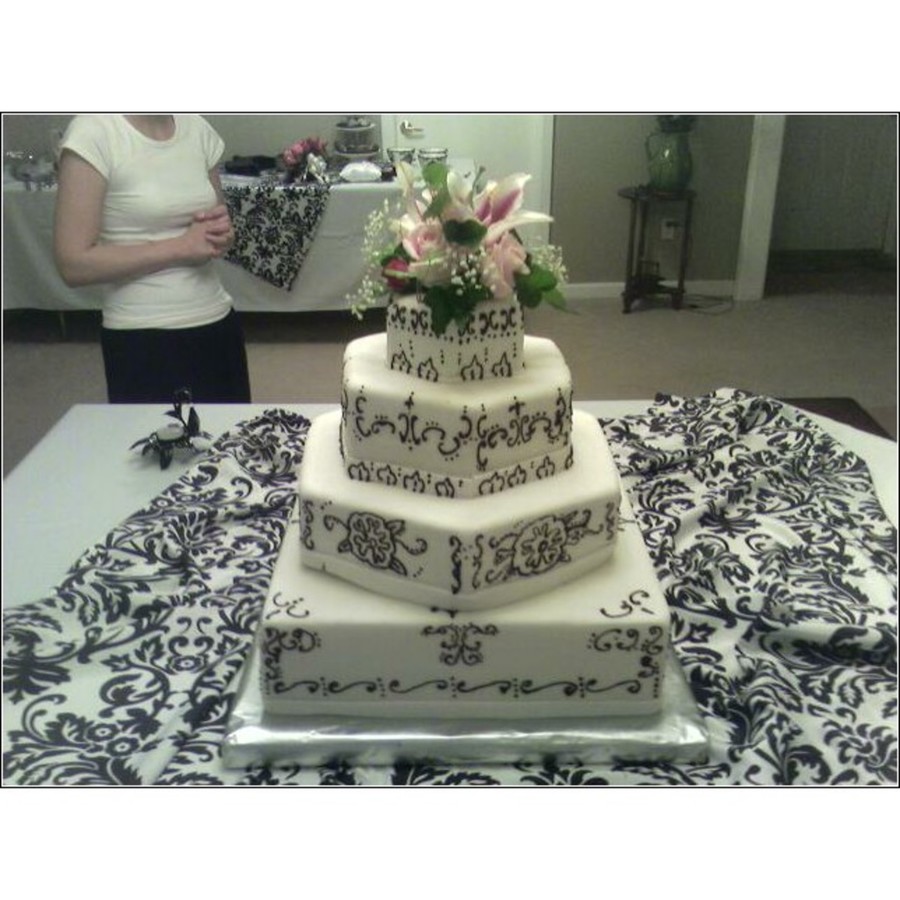 White Wedding Cake With Fondant And Chocolate Stencil - CakeCentral.com