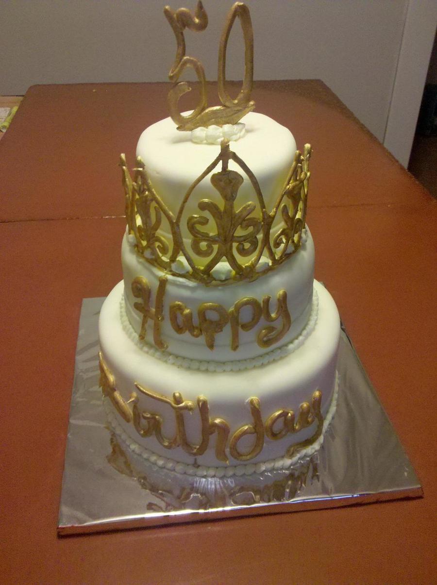 3 Tier Fondant And With Gold Royal Icing Crown And Lettering ...