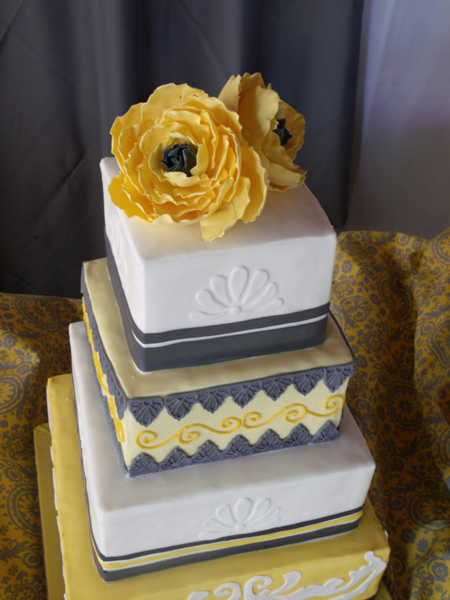 Yellow And Gray Square Wedding Cake - CakeCentral.com