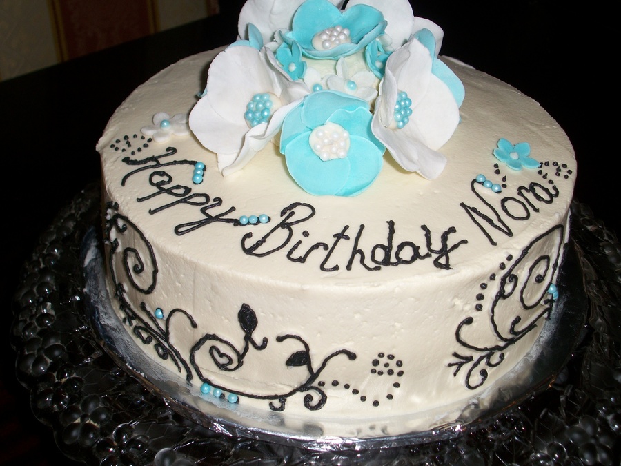 Blue Flowers With Black Scrollwork - CakeCentral.com