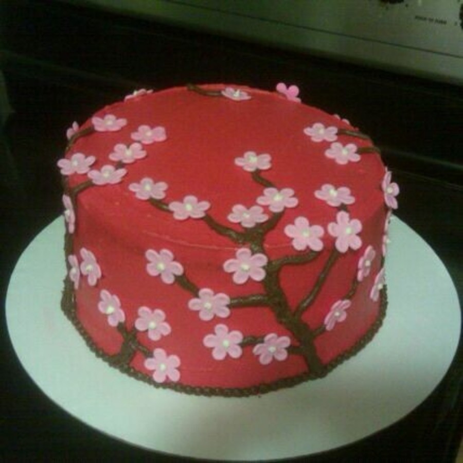 Red Cake With Cherry Blossoms - CakeCentral.com